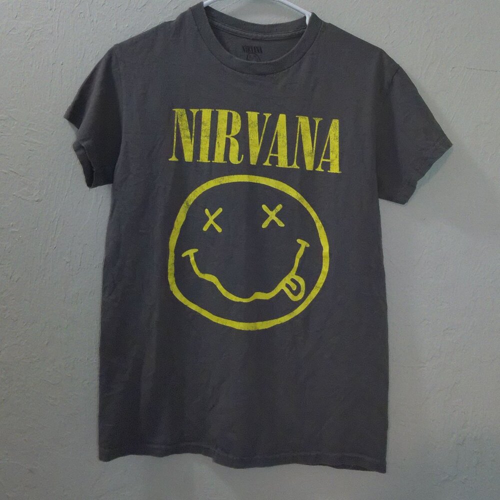 Nirvana Smiley Face Graphic Band T-Shirt Gray Yellow … - Gem